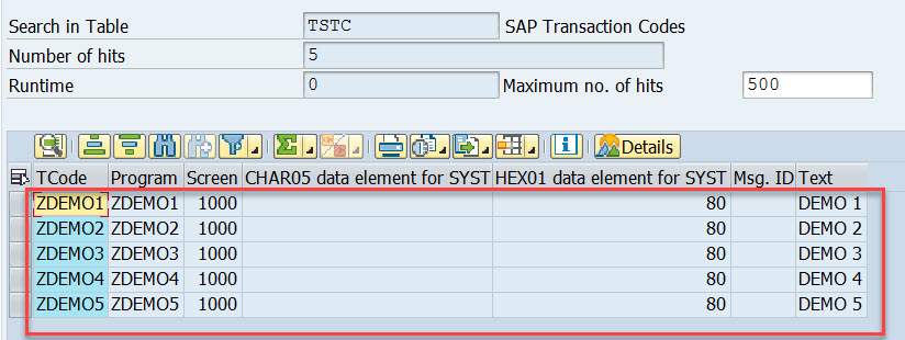 AREA MENU – SAPCODES