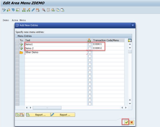 AREA MENU – SAPCODES