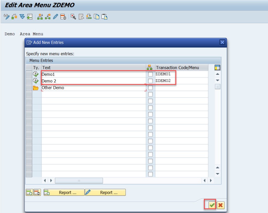 AREA MENU – SAPCODES