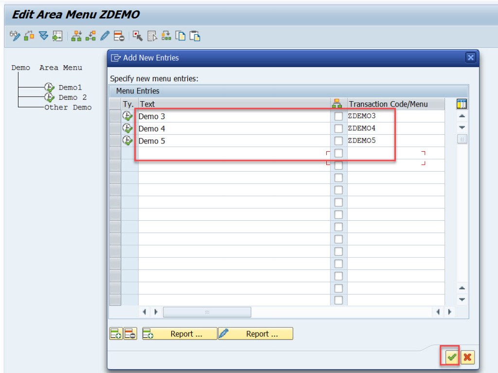 AREA MENU – SAPCODES